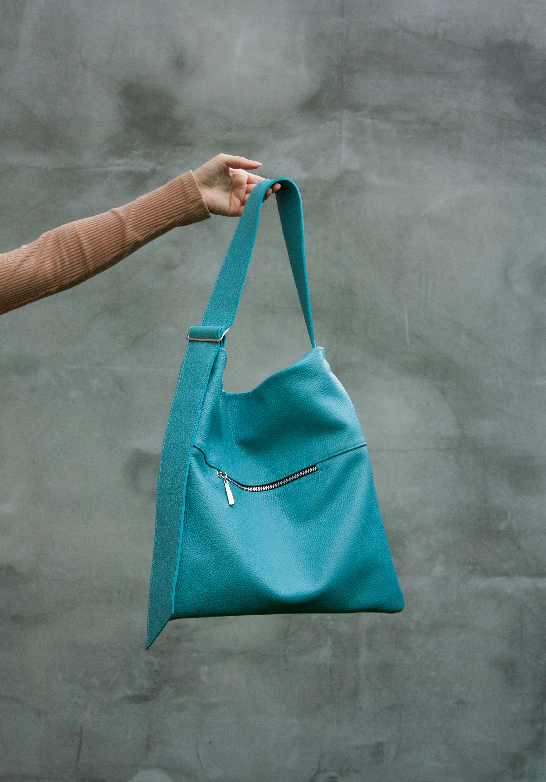 Women Turquoise Blue Leather Tote Bag and Zipper Wallet Set Minimalist ...