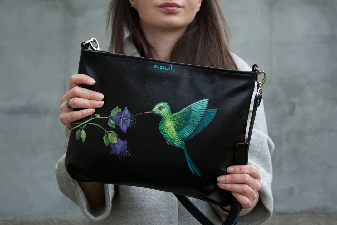 Black Leather Handbag With Hummingbird and Flowers Painting Women Soft ...