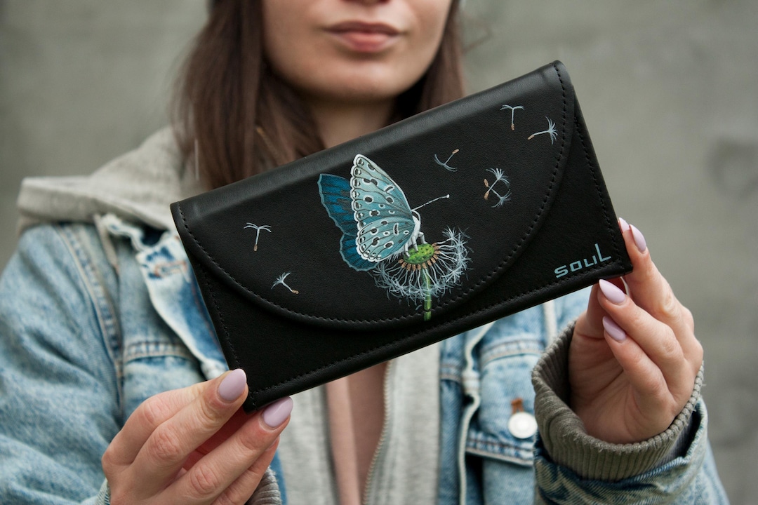 Black Leather Wallet With Blue Butterfly and Dandelion Seeds Painting ...