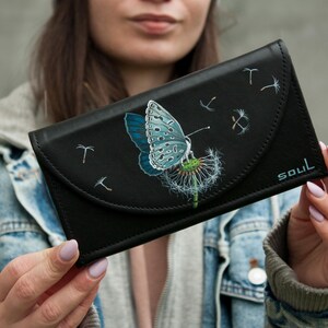 Black Leather Wallet With Blue Butterfly and Dandelion Seeds Painting ...