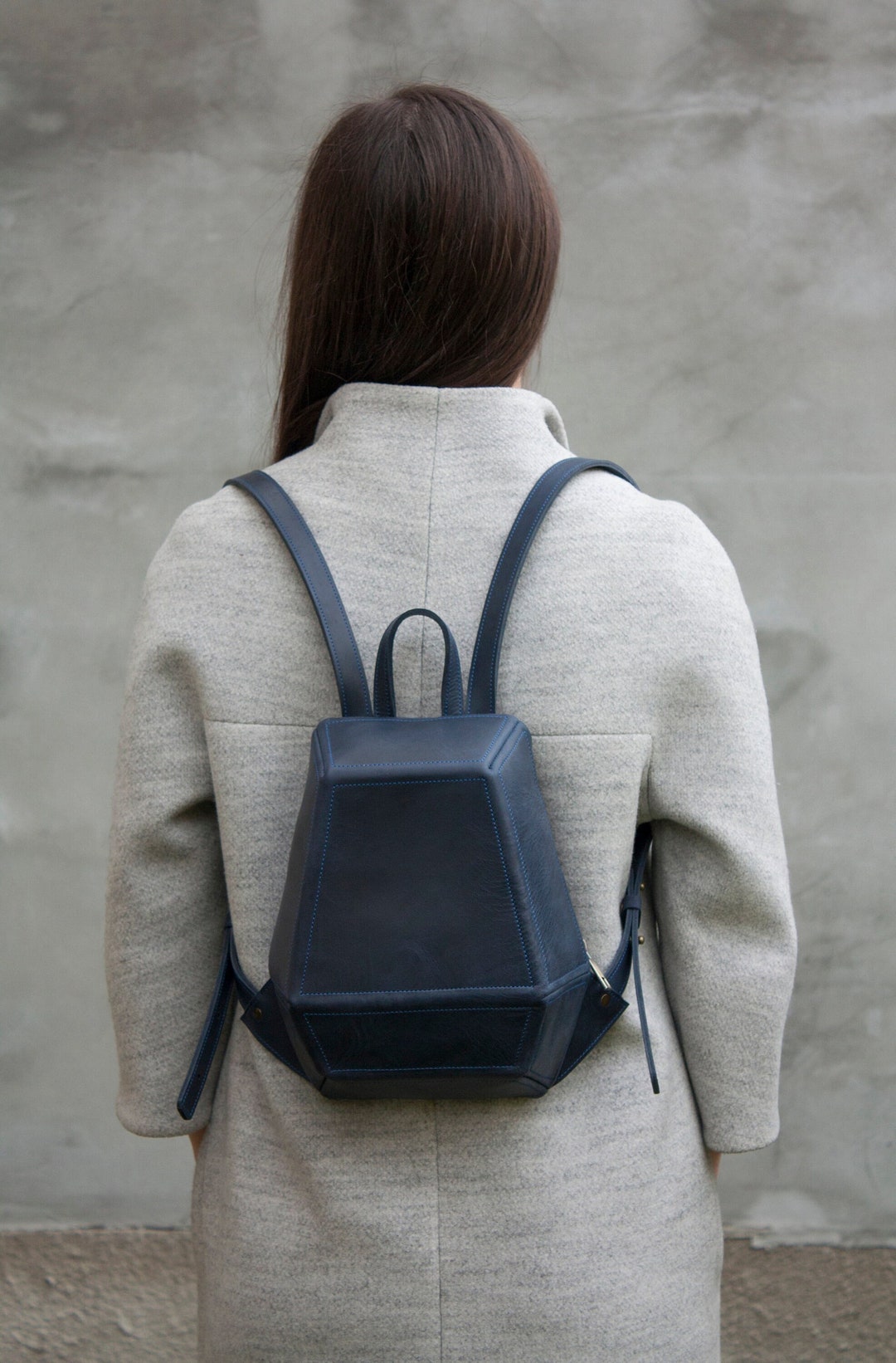 Anti Theft Leather Mini Backpack Women Dark Blue Rucksack Personalized ...