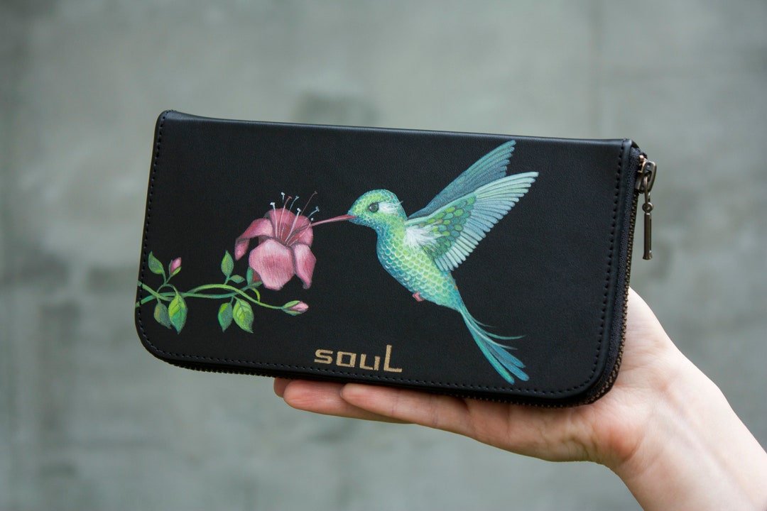 Hummingbird Bird Women Wallet Large Black Leather Card Wallet Blue ...