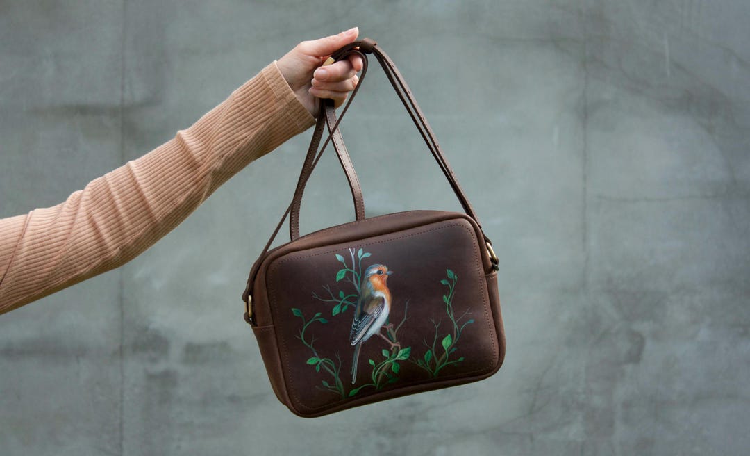 Crossbody Purse With Orange Bird Painting Brown Leather Shouder Bag ...
