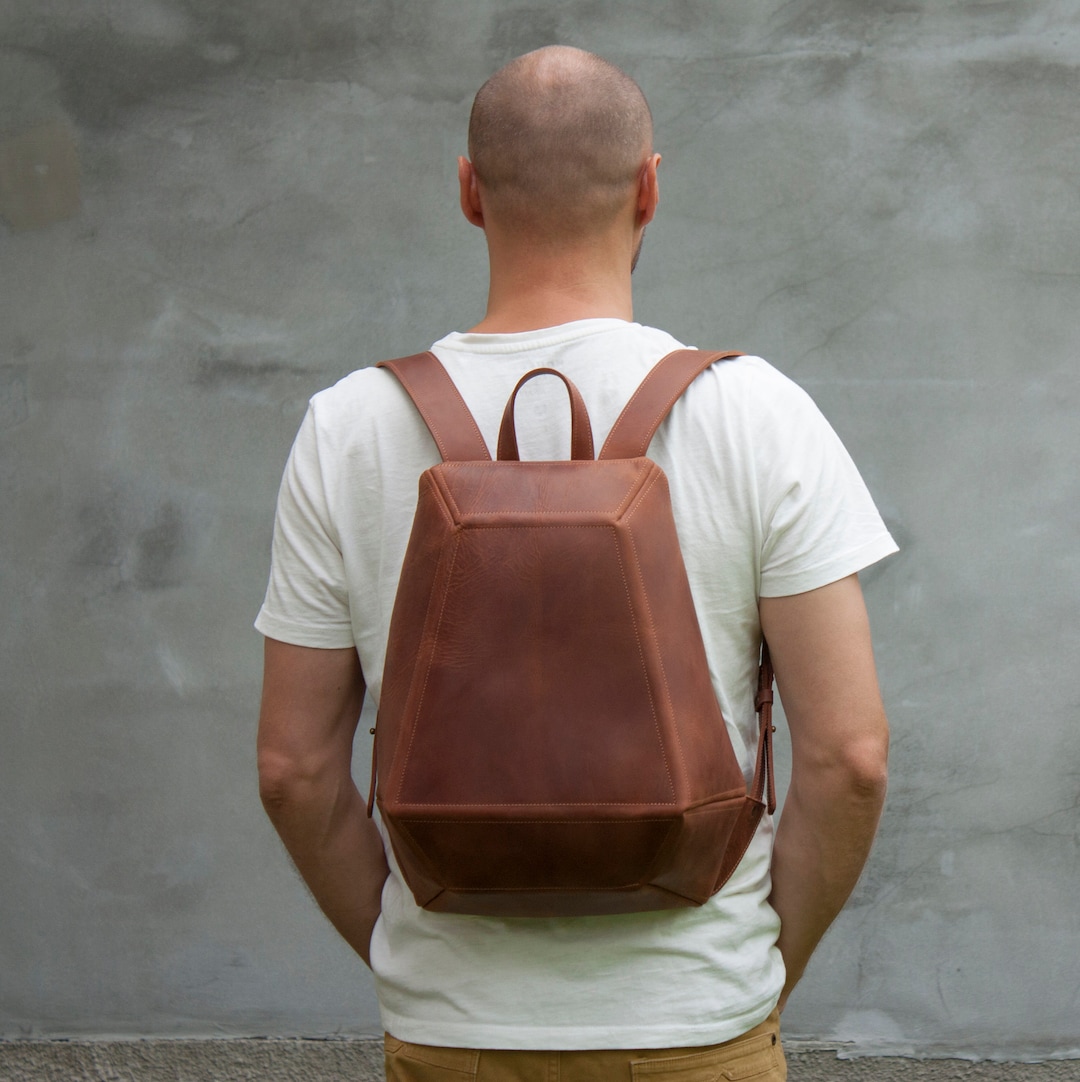 Men Backpack Purse Cognac Color Leather Rucksack Anti Theft Backpack ...