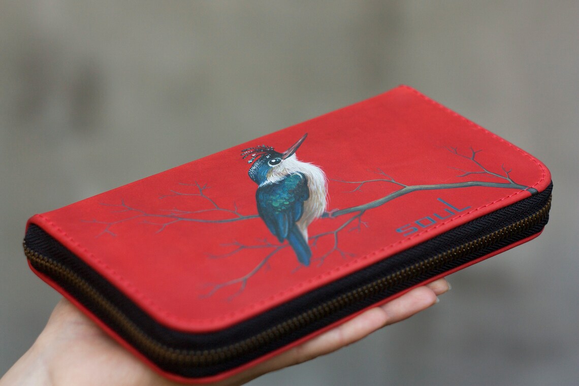 Women Red Wallet Zipper Leather Wallet With Blue Bird Large - Etsy