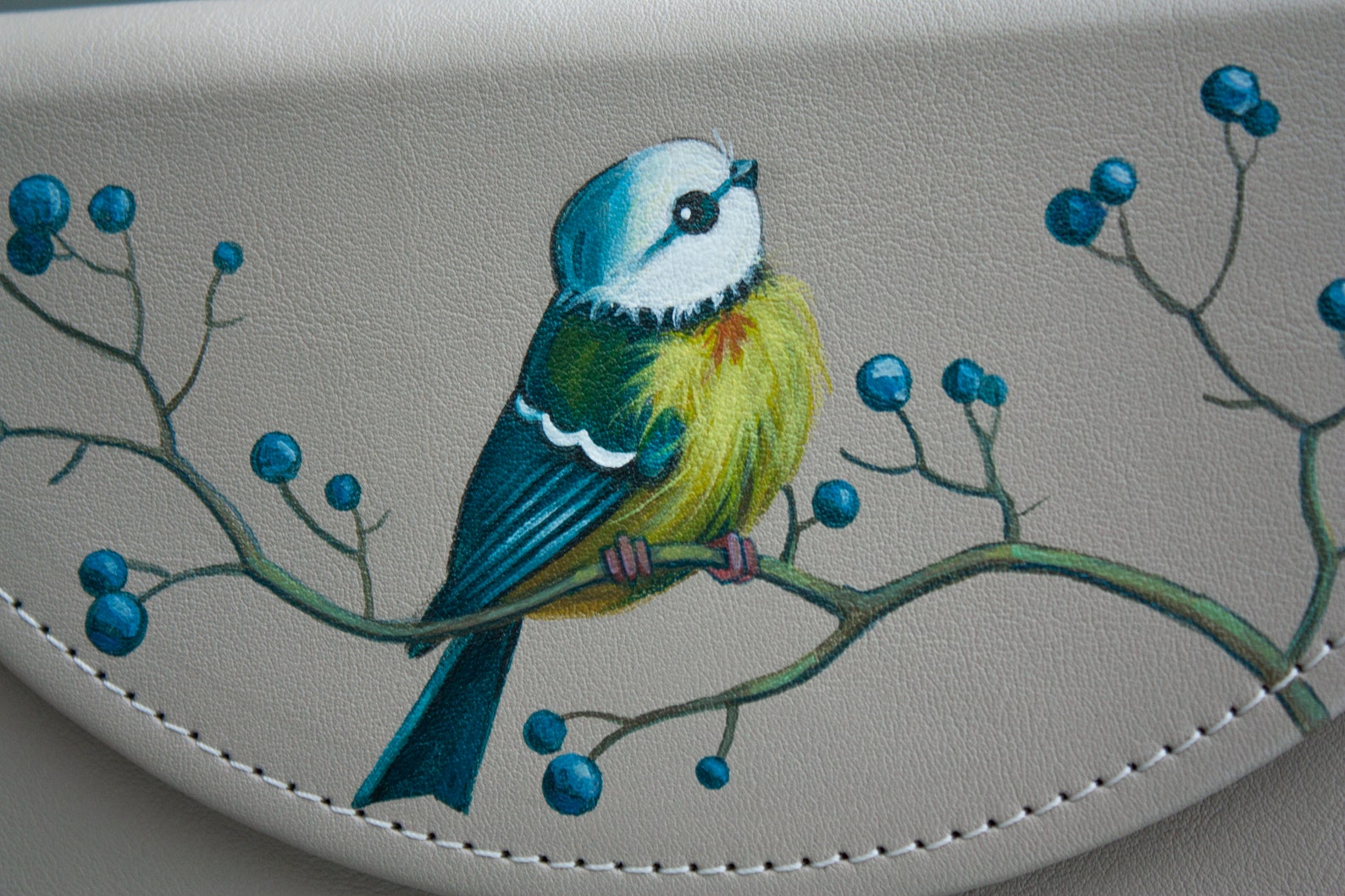 Titmouse Bird Women Leather Wallet Beige Large Purse Blue Yellow Bird ...