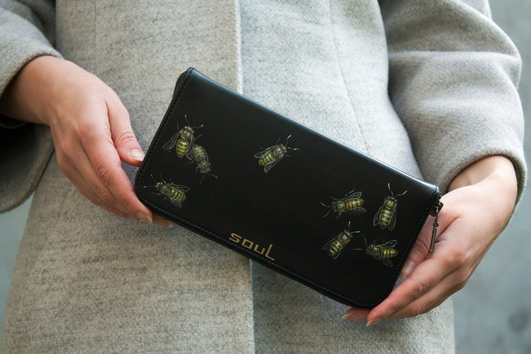 Women Black Leather Wallet With Gold Bees Large Zipper Wallet Original ...