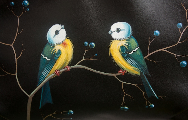 Women Black Leather Crossbody Bag With Two Titmouses Small Size Soft ...