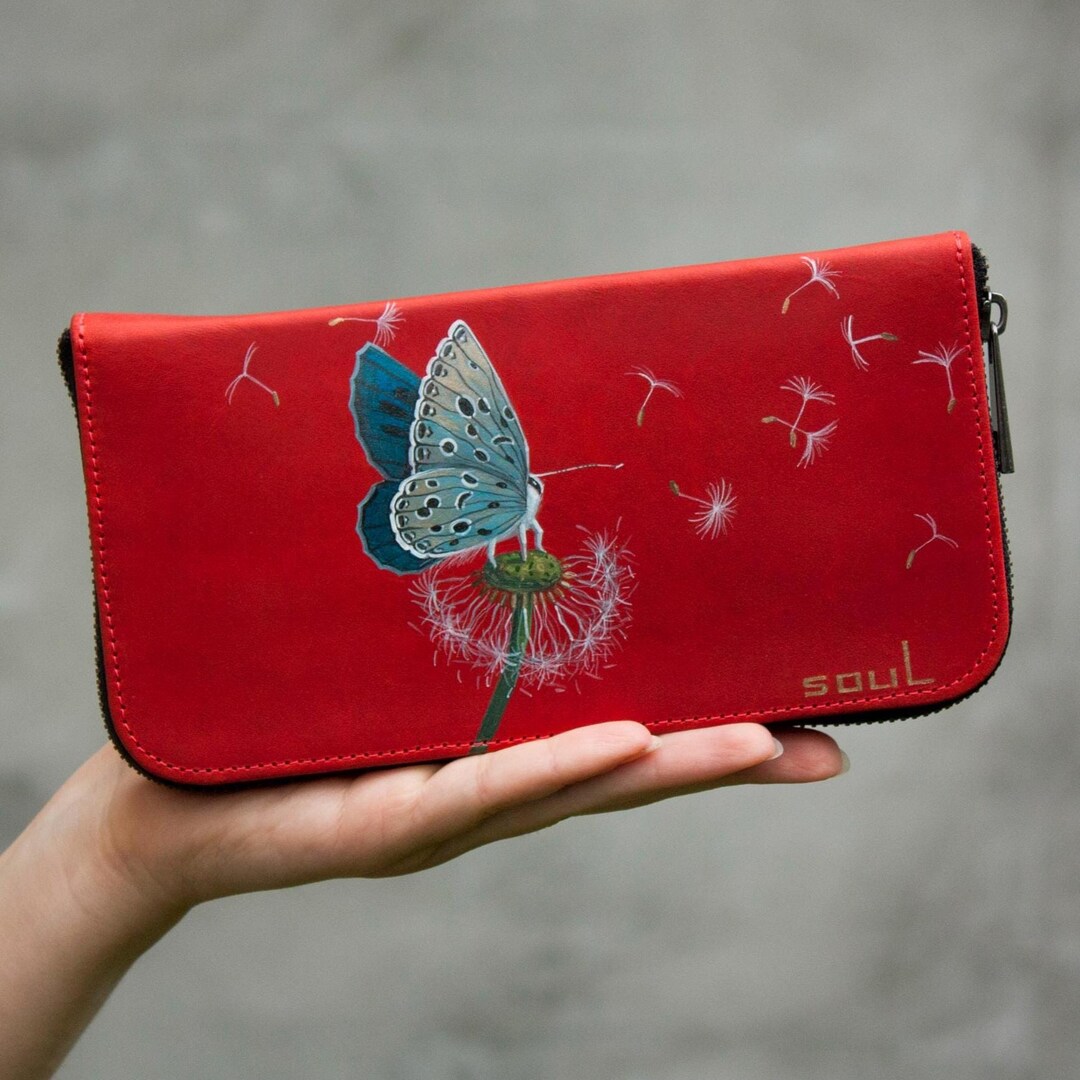 Red Leather Purse With Blue Butterfly Painting Large Size Zipper Purse ...