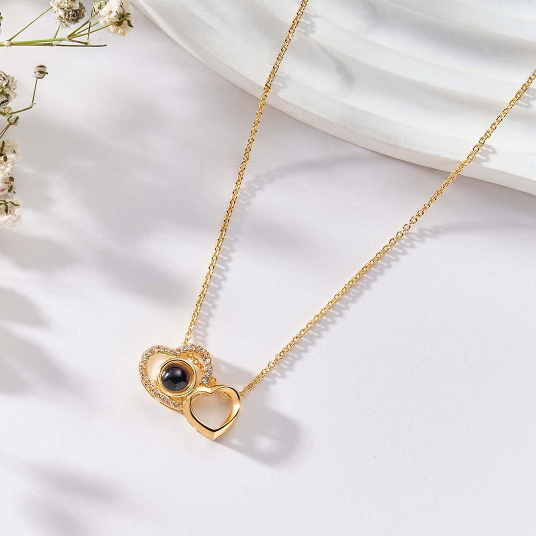 Custom Double Heart Photo Projection Necklace Personalized Picture ...