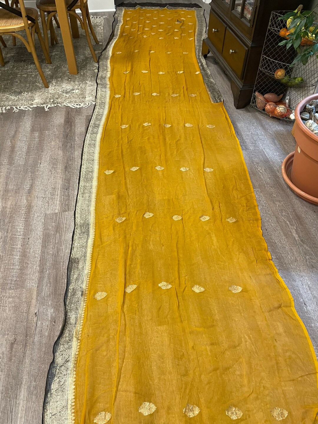 Beautiful Saffron Silk & Metallic Thread Sari - Etsy