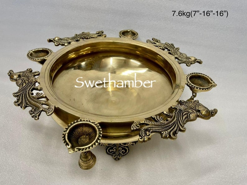 Large Brass Urli With Peacock Design & Diyas South Indian | Etsy