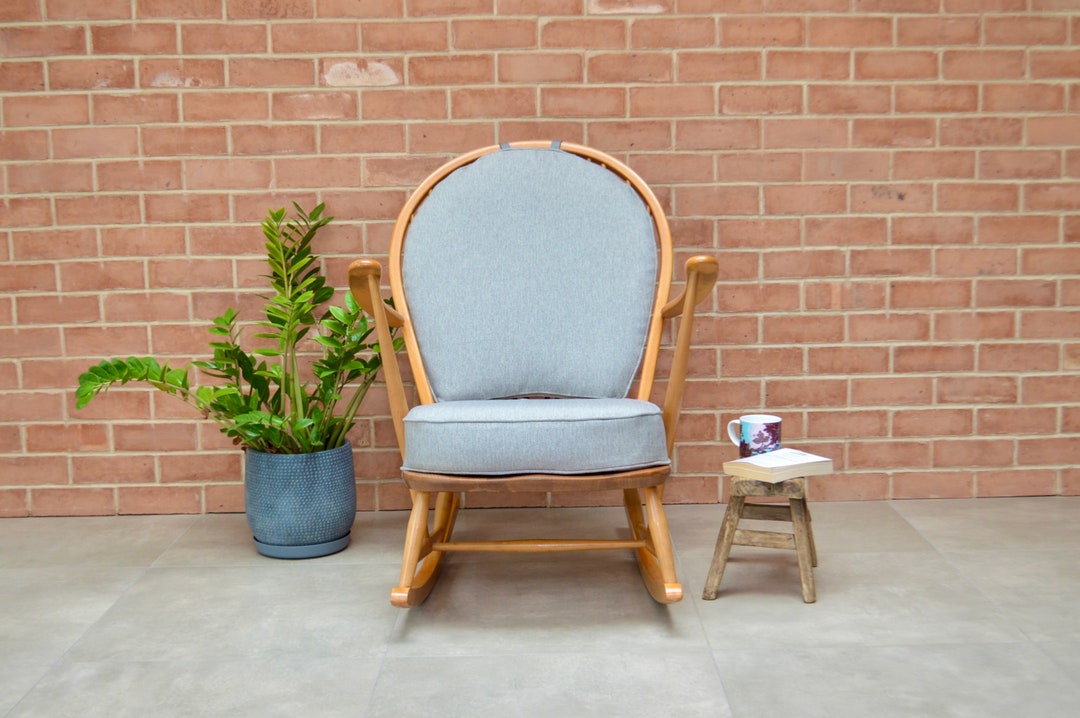 Ercol Grandfather Rocking Chair With Grey Herringbone Weave Cushions ...
