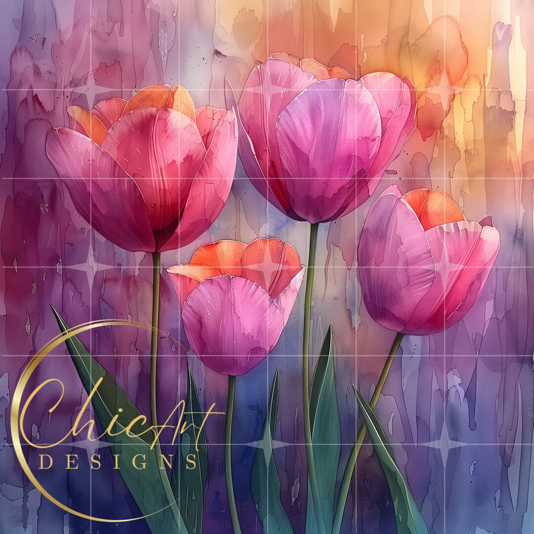 Beautiful Pink Watercolor Tulips With Ombre Background PNG Illustration ...
