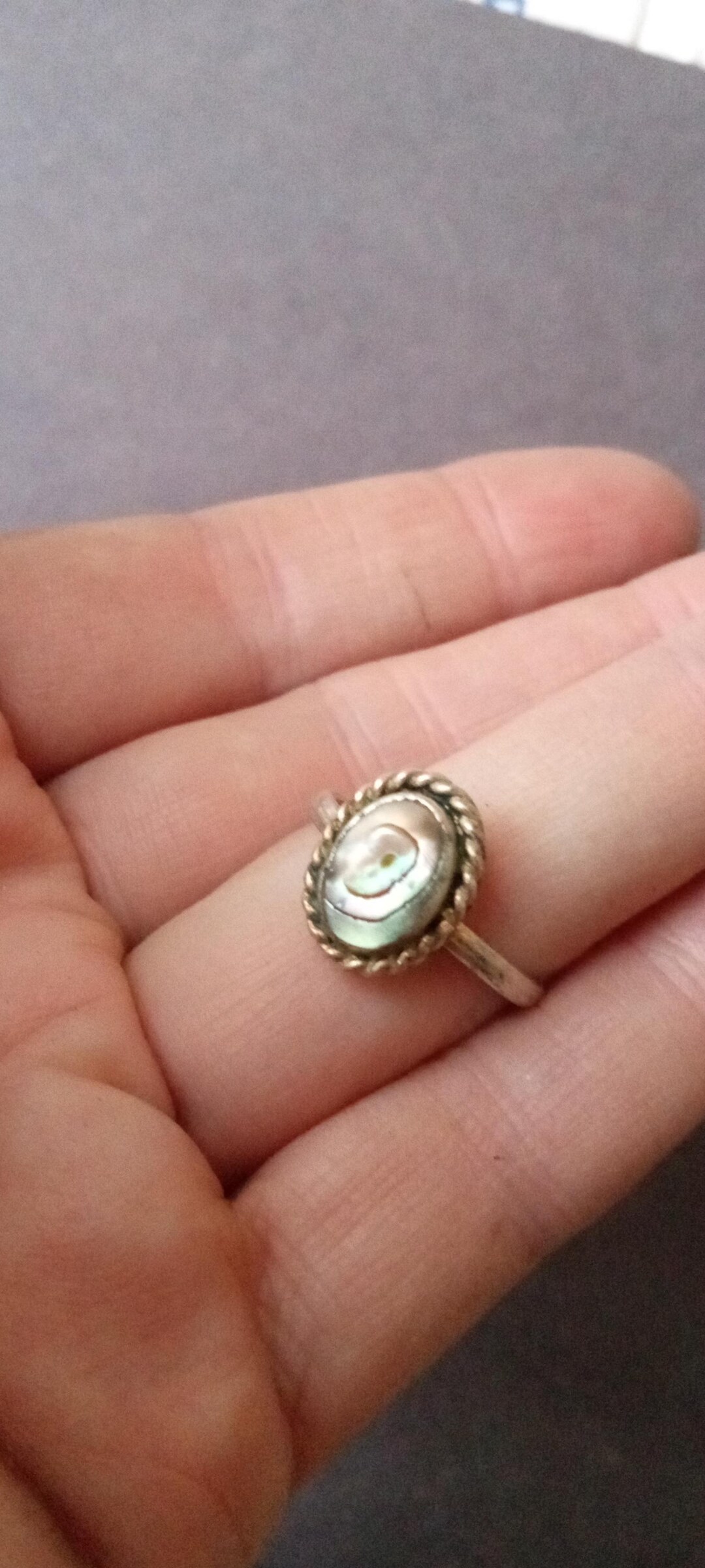 Vintage Alpaca Silver Ring Abalone With Lasso Rope Trim Size 7 Great ...