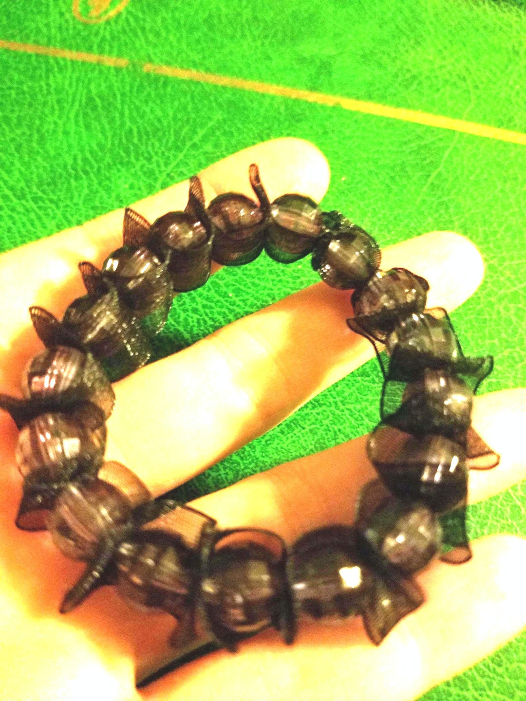Fun Ruffled Black Tulle and Smoky Crystal Lucite Faceted Beads Bracelet ...