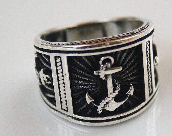 Anchor Silver Rings Men Silver Rings Band, 925 Sterling Silver Anchor ...