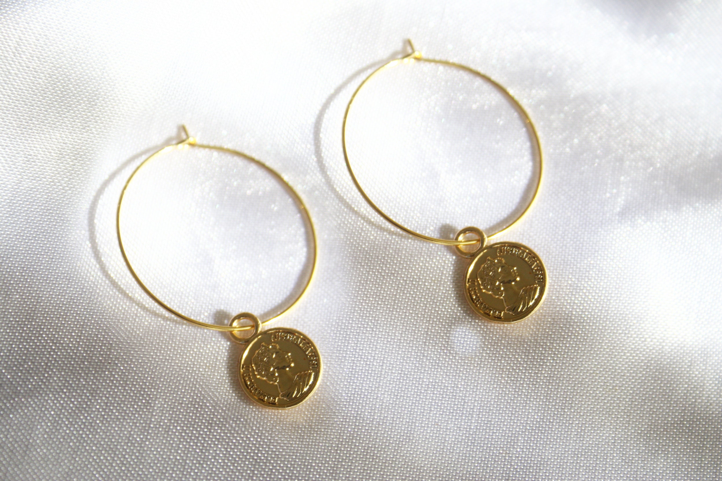 Medallion Earrings Coin Hoop Earrings Gold Plated Brass Coin - Etsy