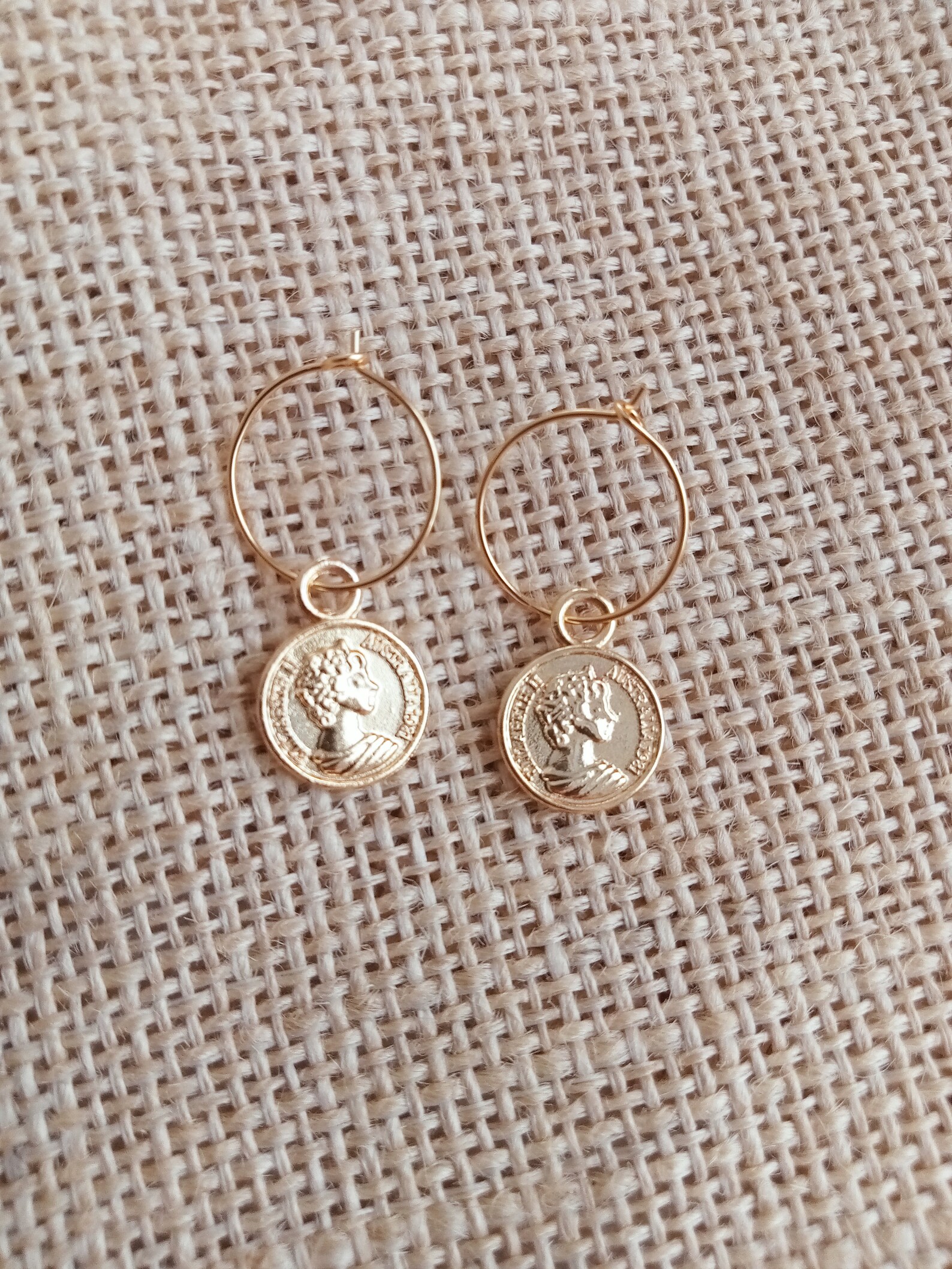 Medallion Earrings Coin Hoop Earrings Gold Plated Brass Coin - Etsy