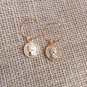 Medallion Earrings, Coin Hoop Earrings, Gold Plated Brass Coin Earrings ...