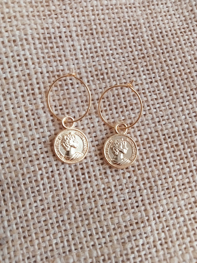 Medallion Earrings, Coin Hoop Earrings, Gold Plated Brass Coin Earrings ...