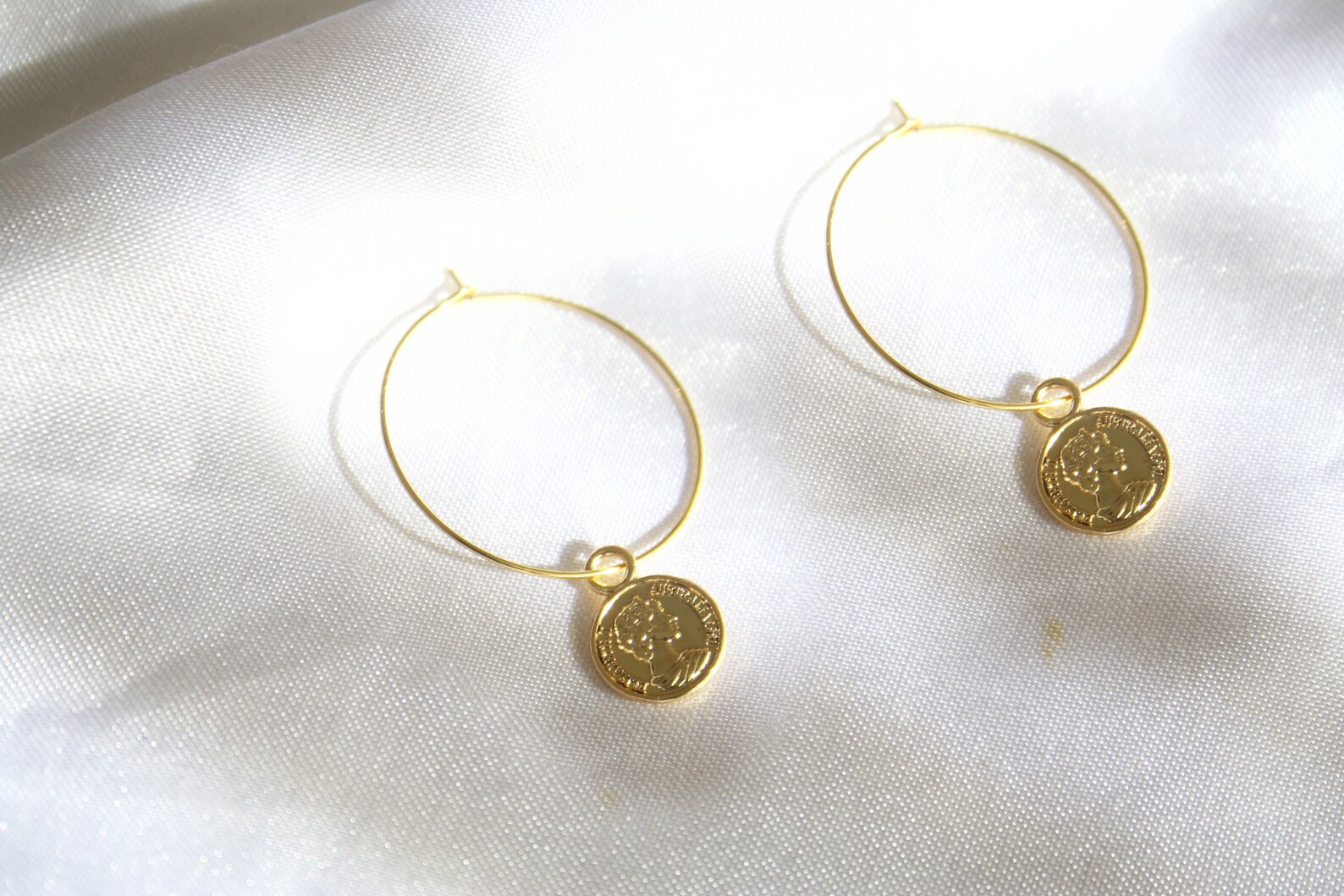 Medallion Earrings Coin Hoop Earrings Gold Plated Brass Coin - Etsy