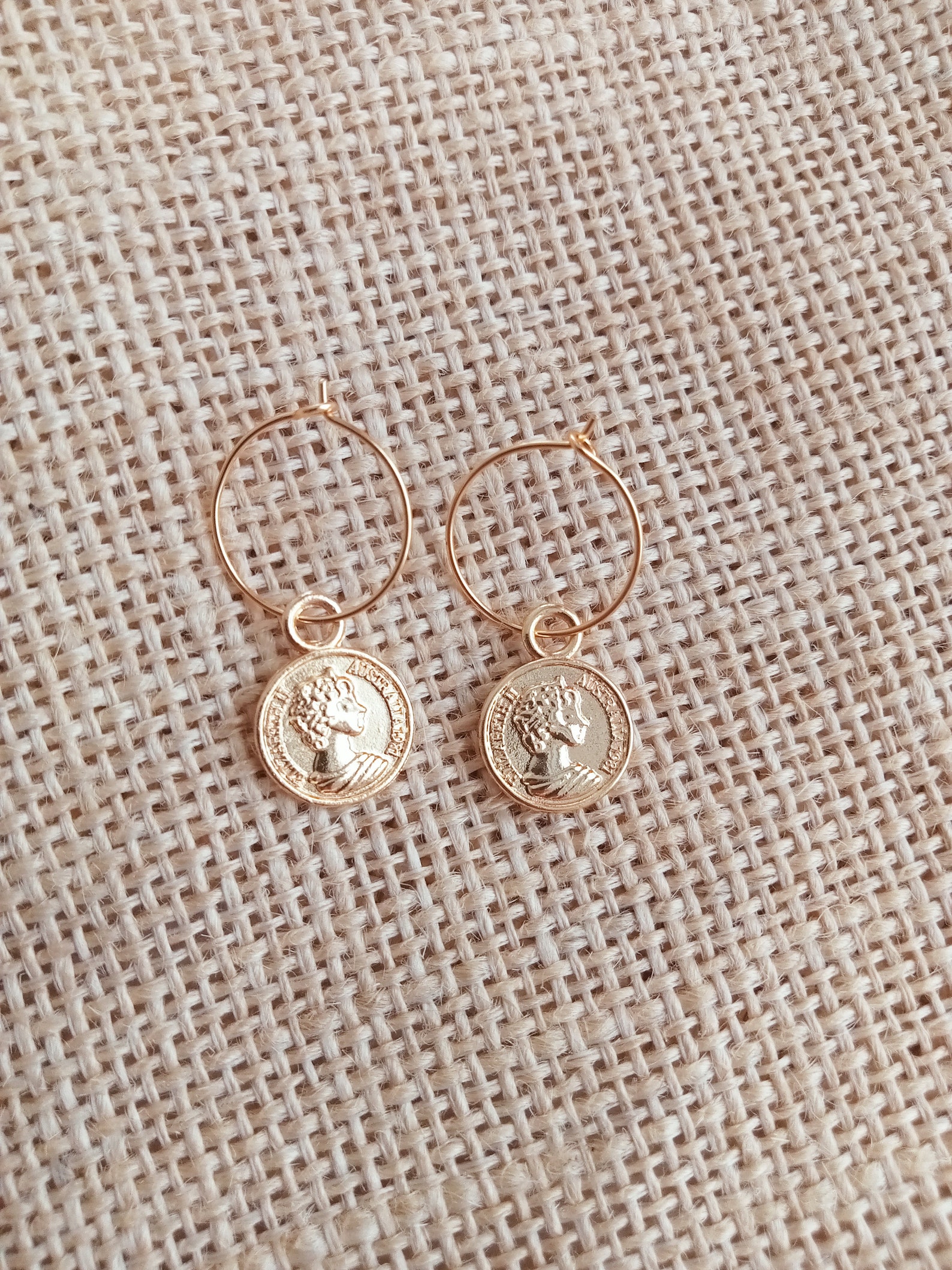 Medallion Earrings, Coin Hoop Earrings, Gold Plated Brass Coin Earrings ...