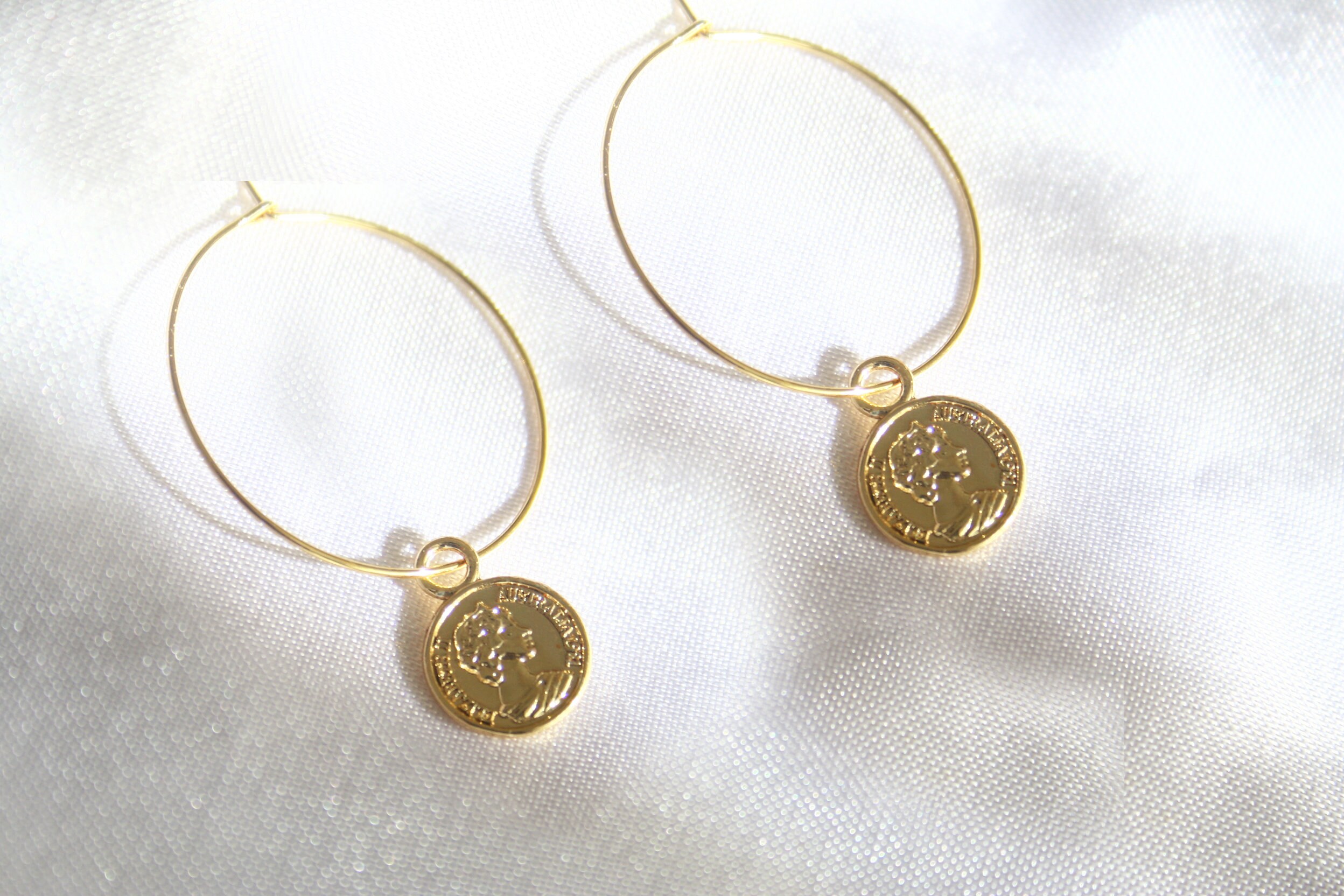 Medallion Earrings Coin Hoop Earrings Gold Plated Brass Coin - Etsy