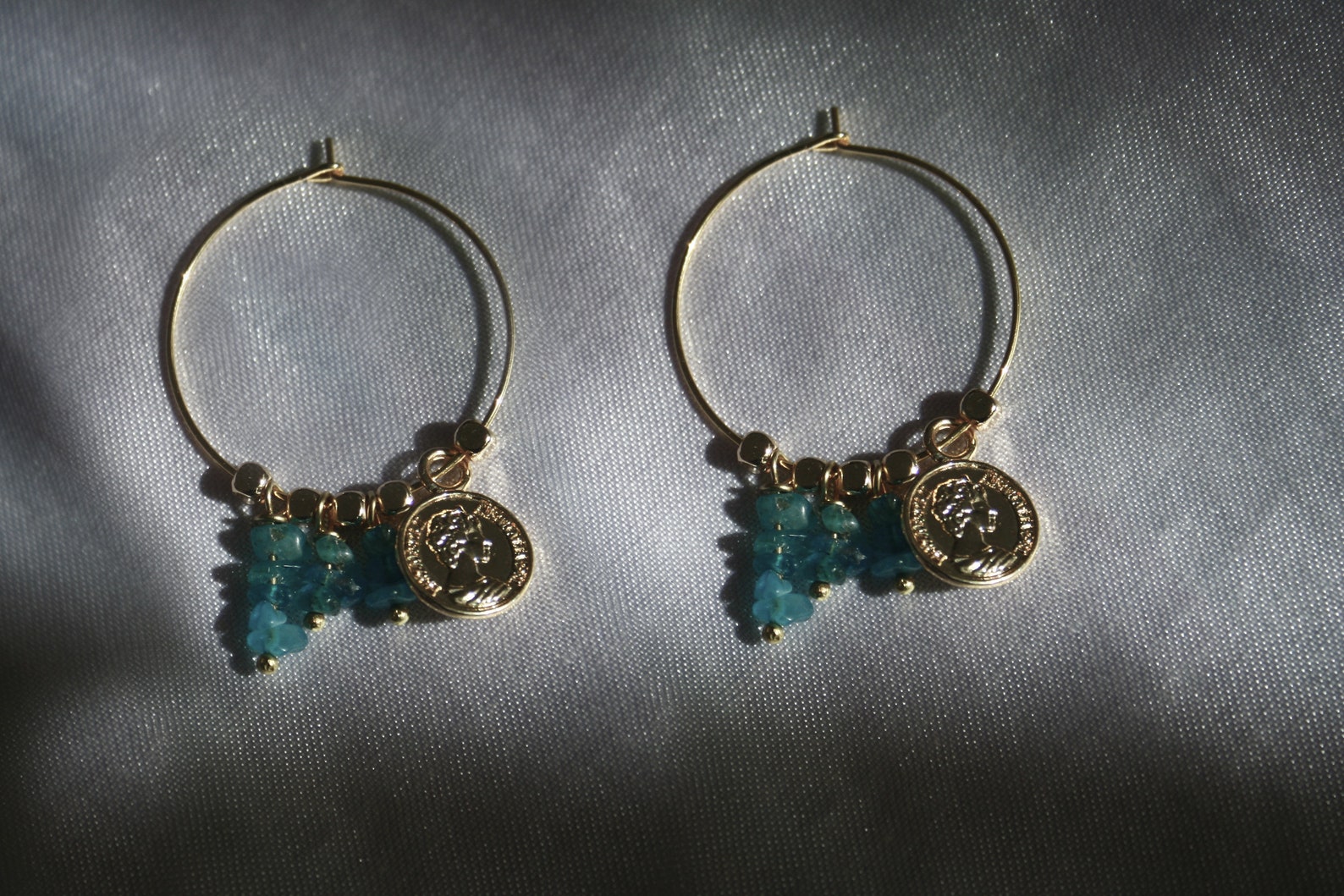Medallion Apatite Earrings, Coin Hoop Earrings, Gold Plated Brass Coin ...