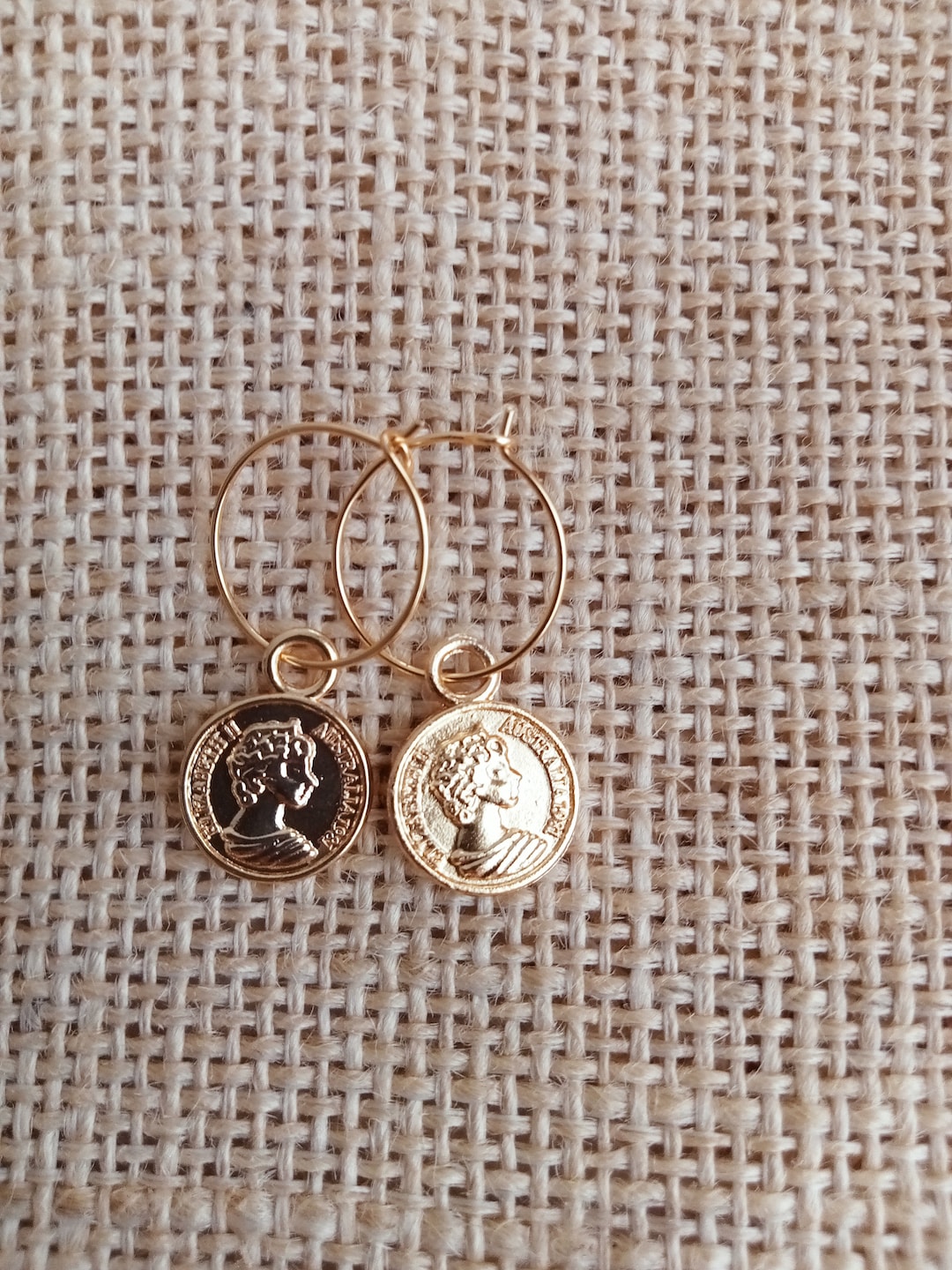 Medallion Earrings, Coin Hoop Earrings, Gold Plated Brass Coin Earrings ...