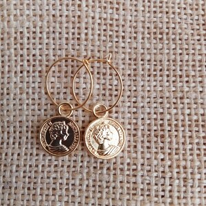 Medallion Earrings, Coin Hoop Earrings, Gold Plated Brass Coin Earrings ...