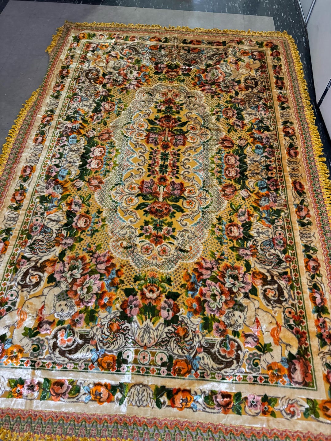 Vintage Italian Cherubs & Roses 107”x 68” Gold Multicolor Tapestry ...