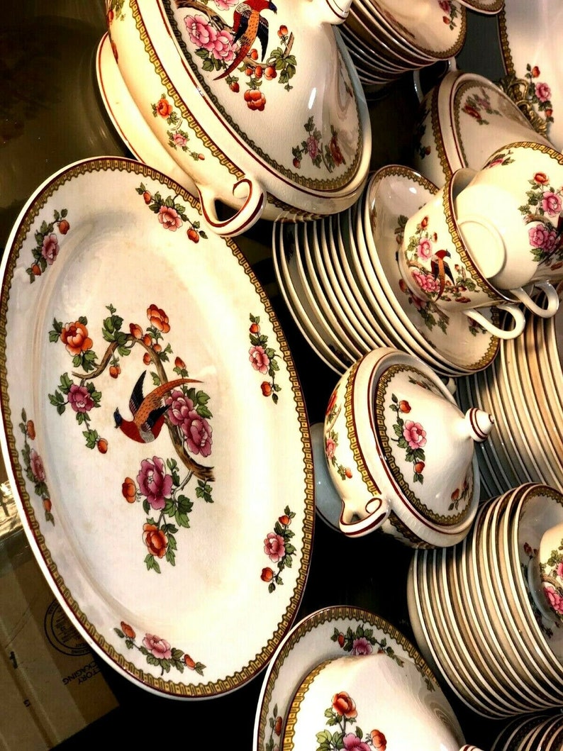 1920 Smith Phillips Semi-porcelain Orador Pheasant Floral Pattern 80PCS ...