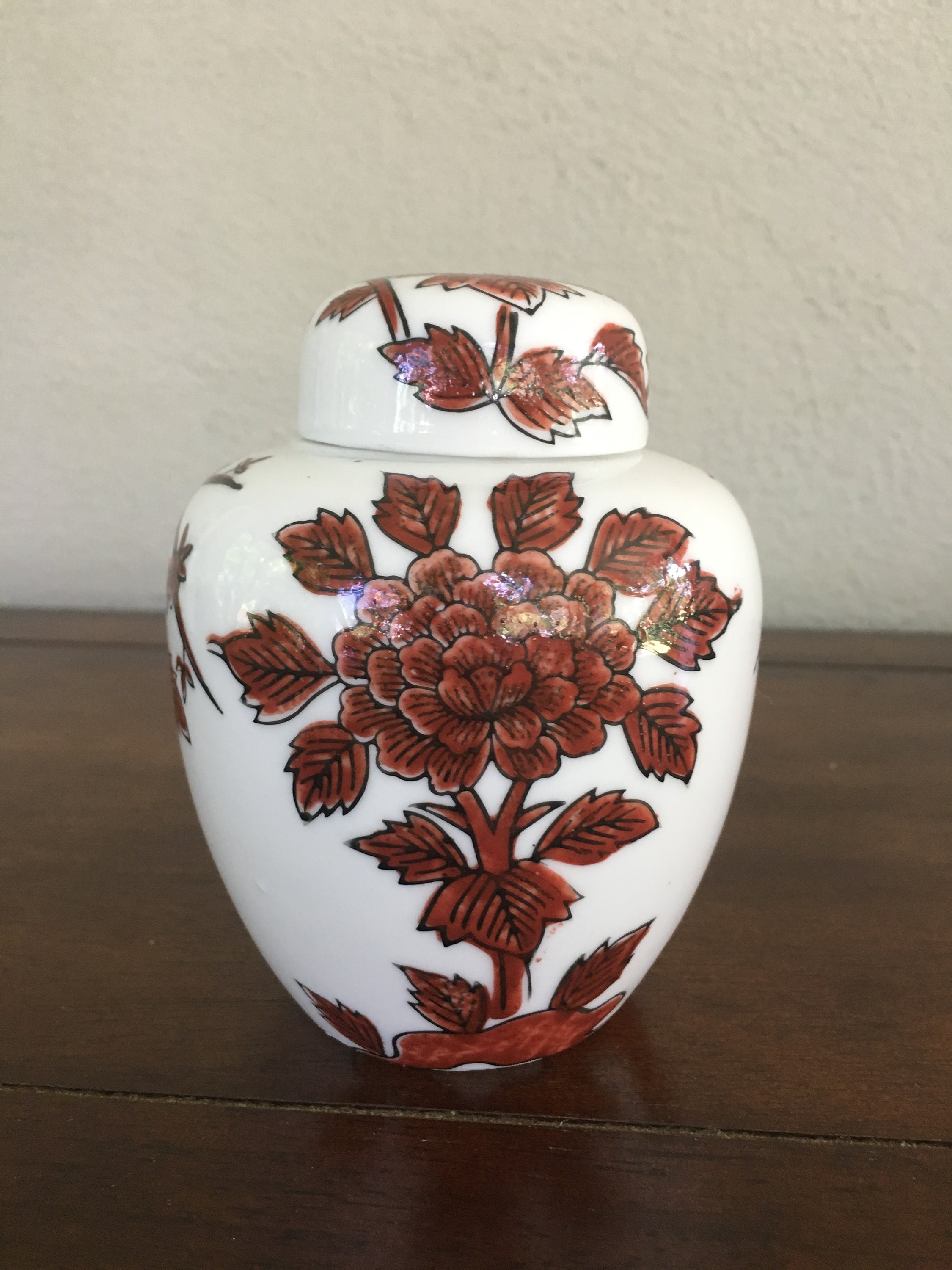 Vintage Ginger Jar With Hand Painted Burnt Sienna Rust Colored Flowers ...