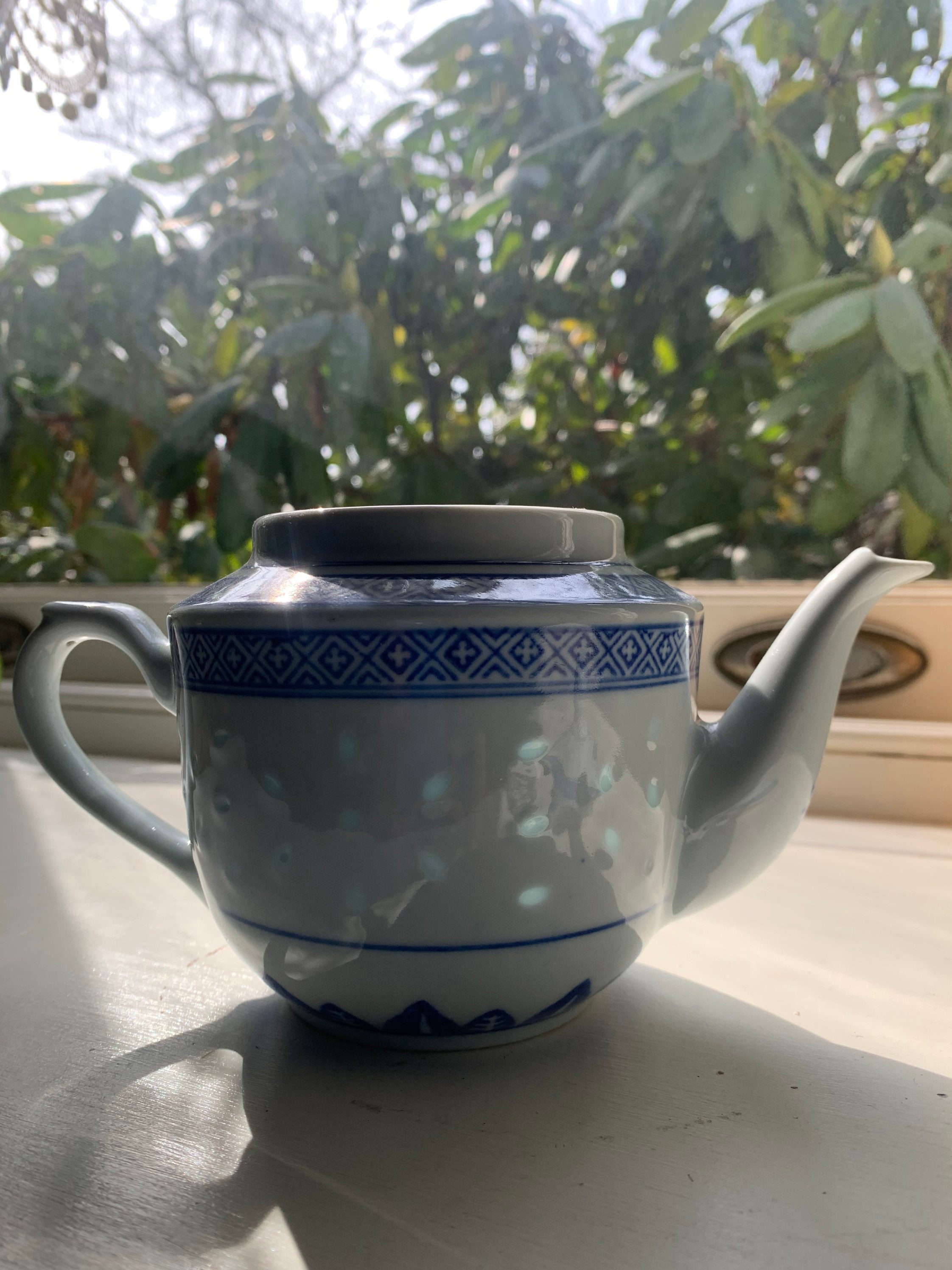 Vintage Rice Grain Blue and White Porcelain Tea Pot, Chinese Tea Set ...