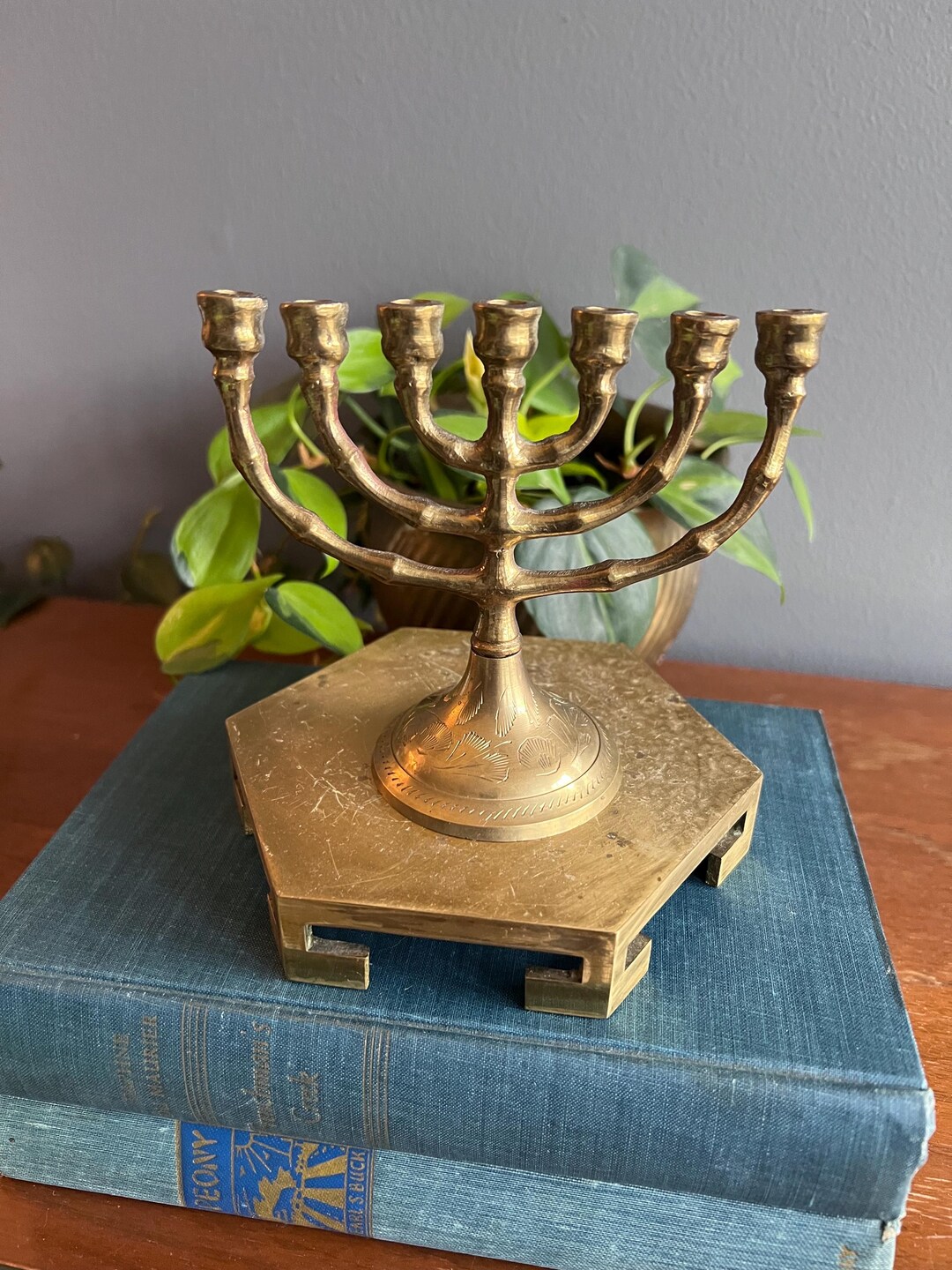 Vintage Brass 7 Candle Menorah With Etched Brass Base, Mini Menorah ...