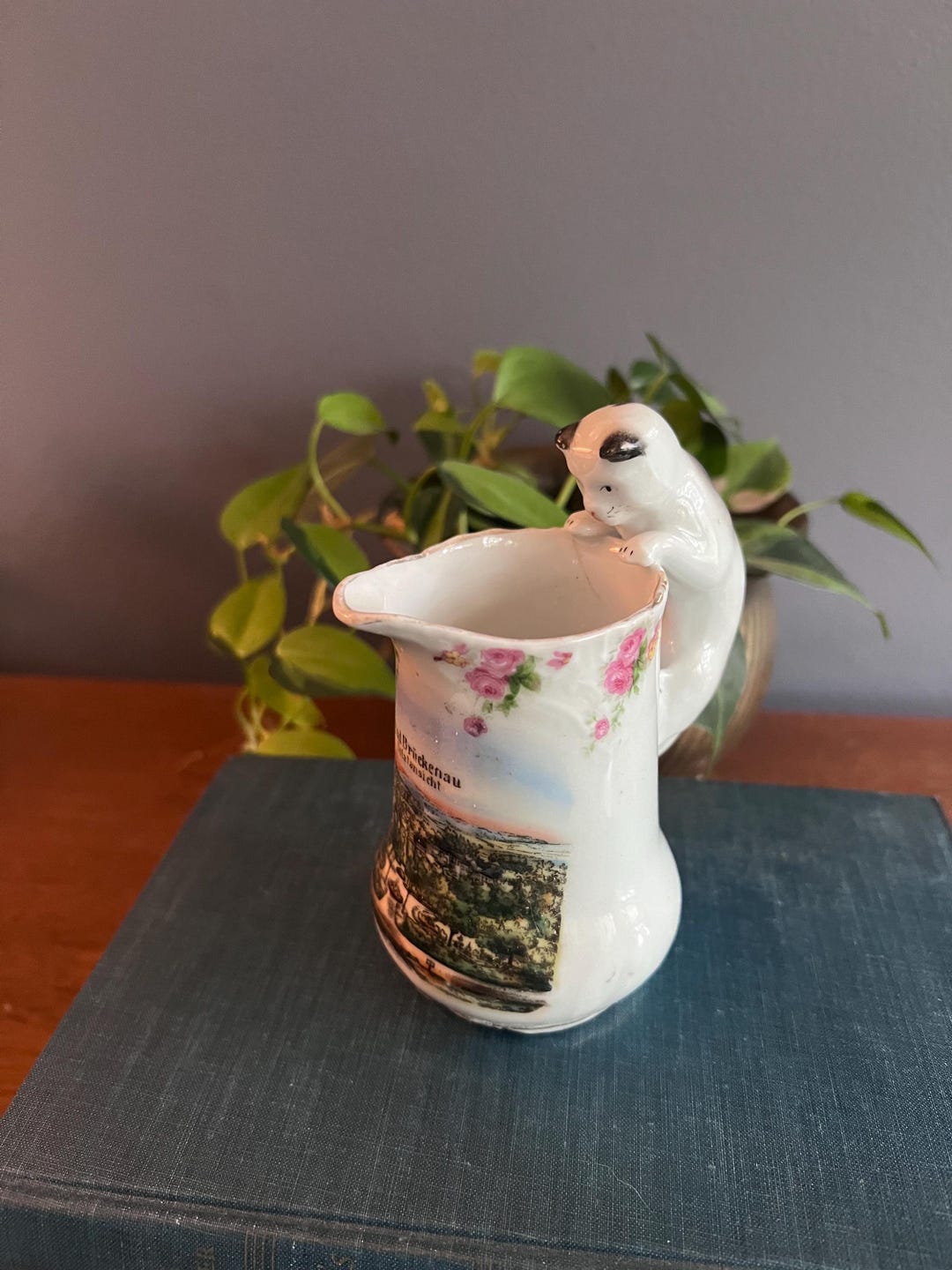 Vintage Cat Handle Pitcher With Pink Flowers From Bad Brückenau, Image ...