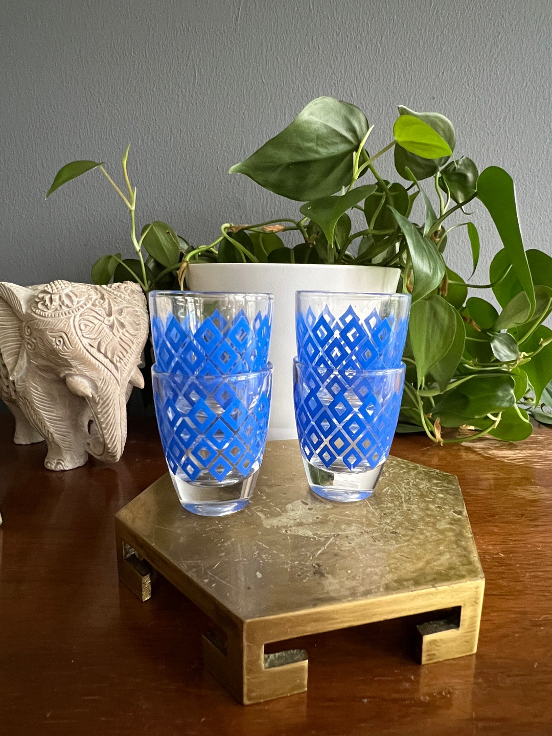 Mid Century French Blue Diamond Shot Glasses, Set of 4 Shot Cordial ...