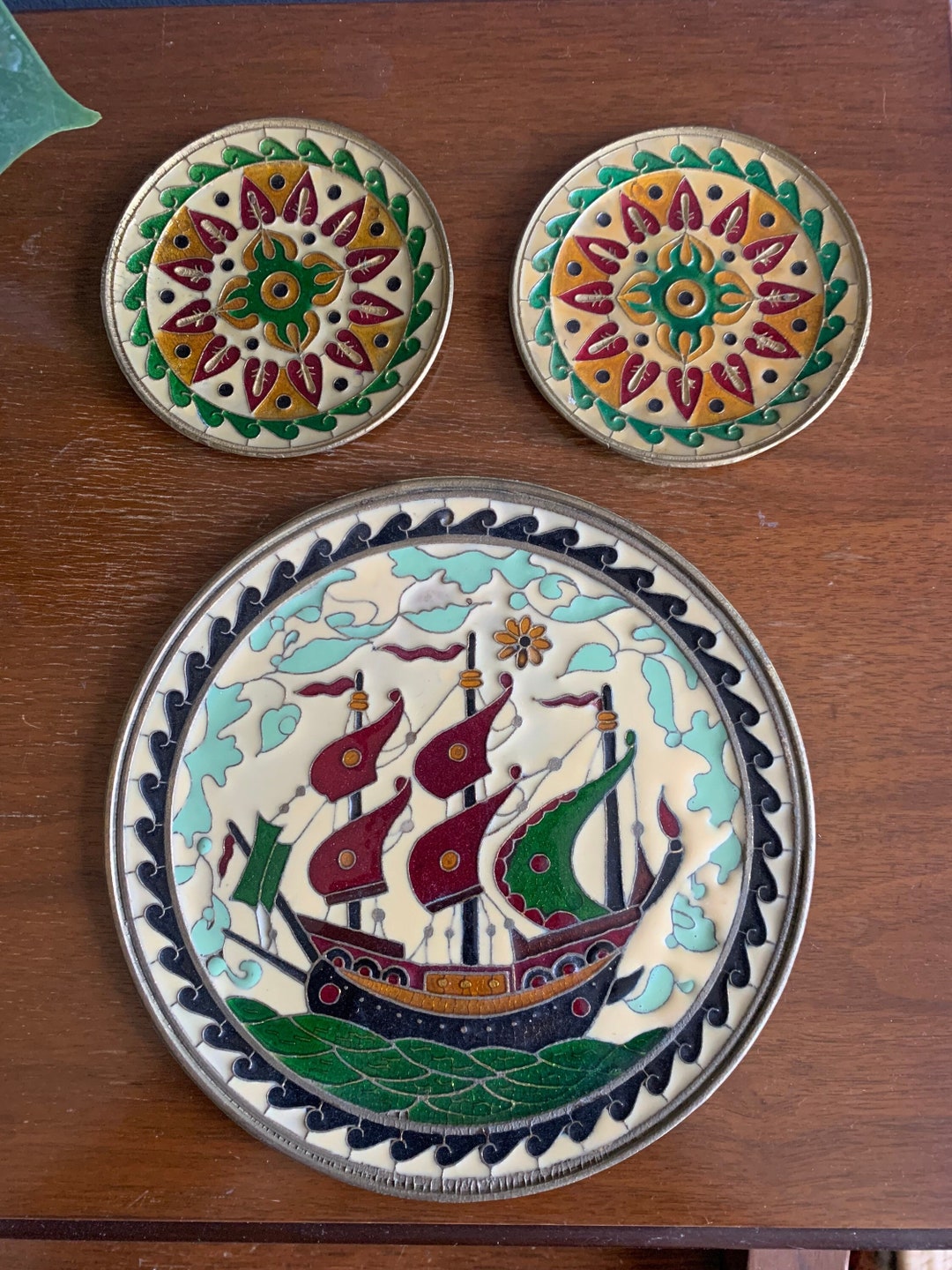 Vintage Enamel Bronze and Copper Hand Painted Plate With a Masted ...