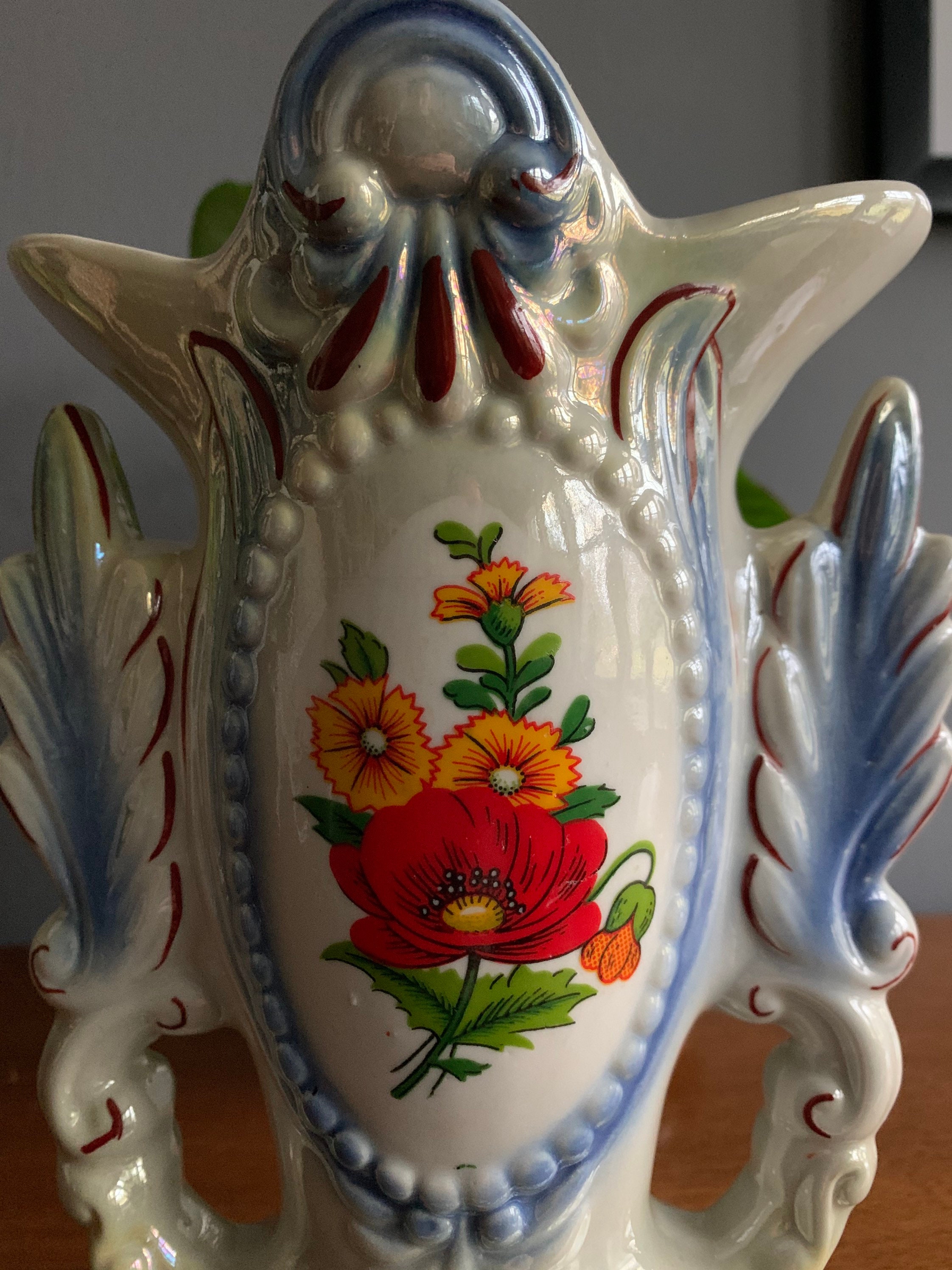 Vintage Lusterware Brazilian Vase, Victorian Style Floral Vase With Two ...