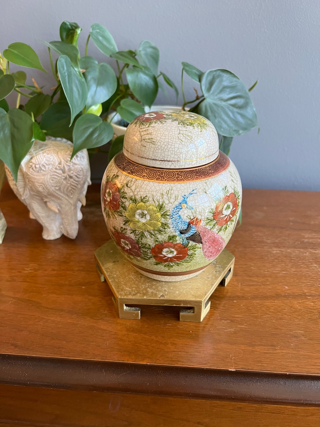 Vintage Japanese Kutani Crackle Glaze Lidded Ginger Jar With Peacock ...