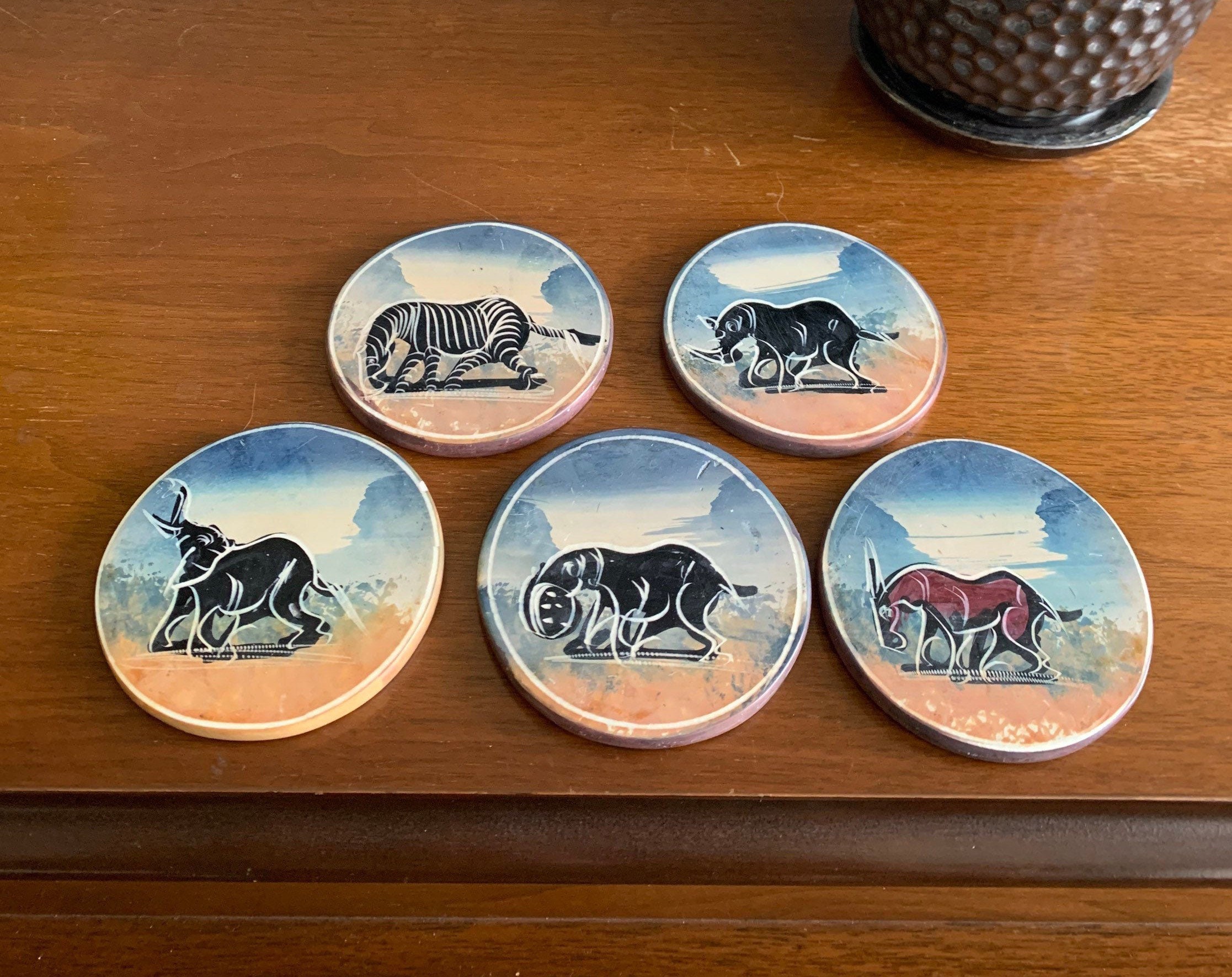 Hand Carved Hand Painted African Soapstone Coaster Set, Set of Five ...