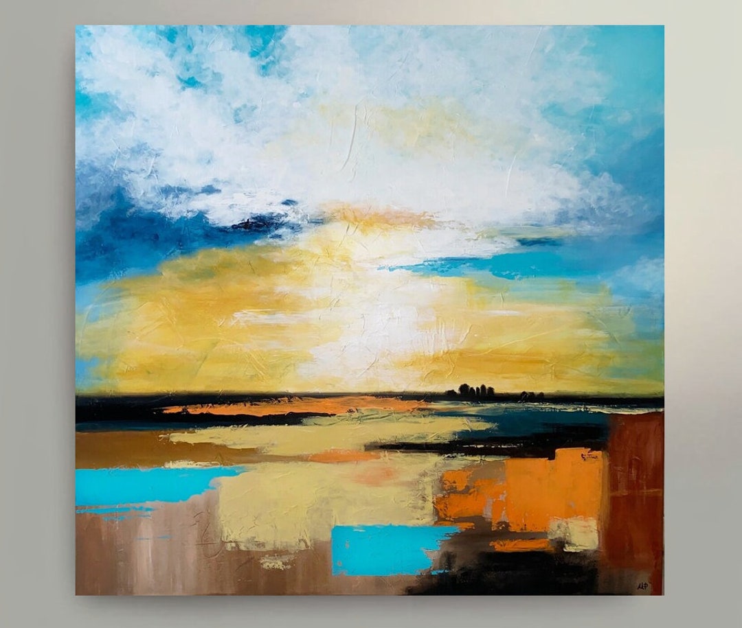 Abstract Landscape Painting READY to HANG golden Dawn 100x100 Cm One of ...