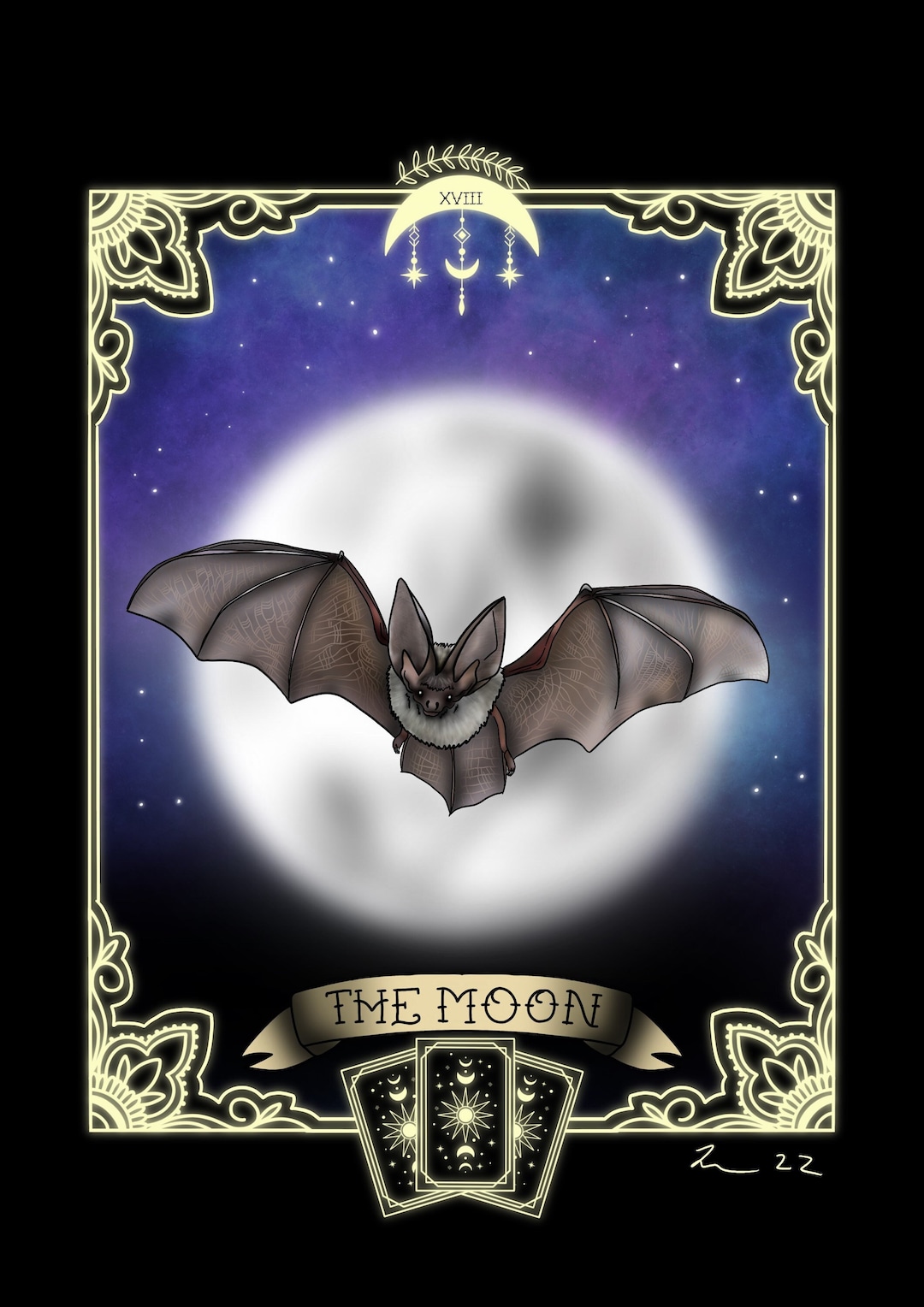 The Moon XVIII Tarot Card Print / Bat Illustration / Tarot Deck Print ...