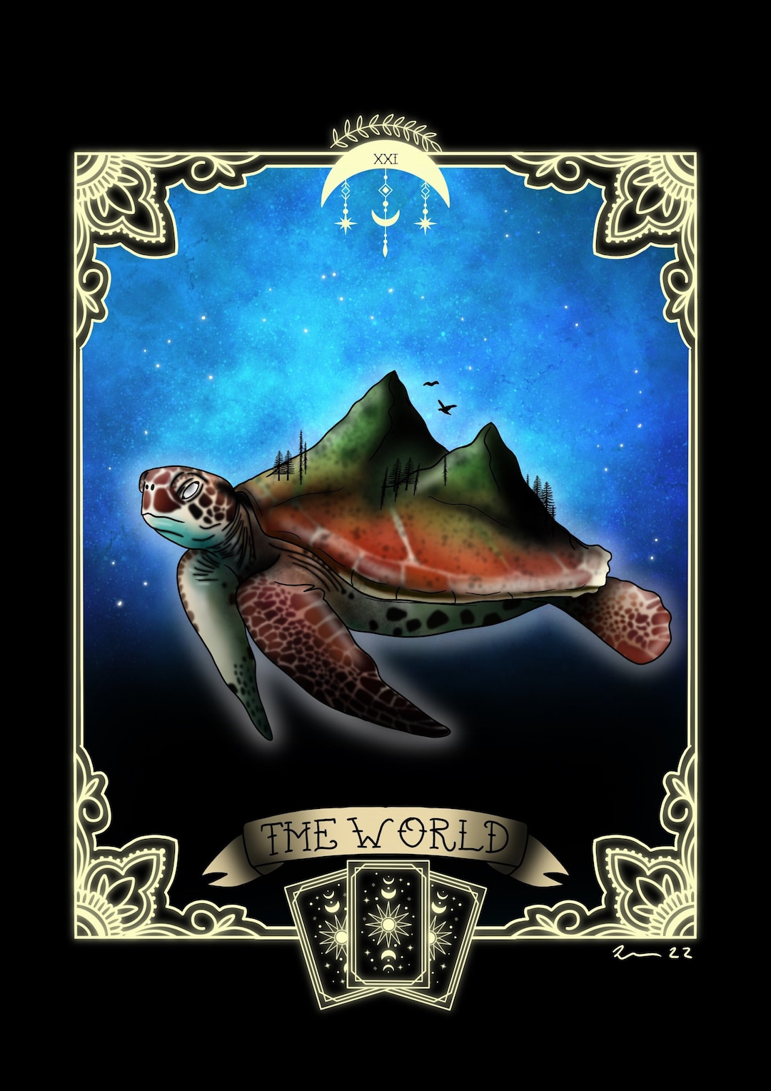 The World XXI Tarot Card Print / Sea Turtle Illustration / Tarot Deck ...