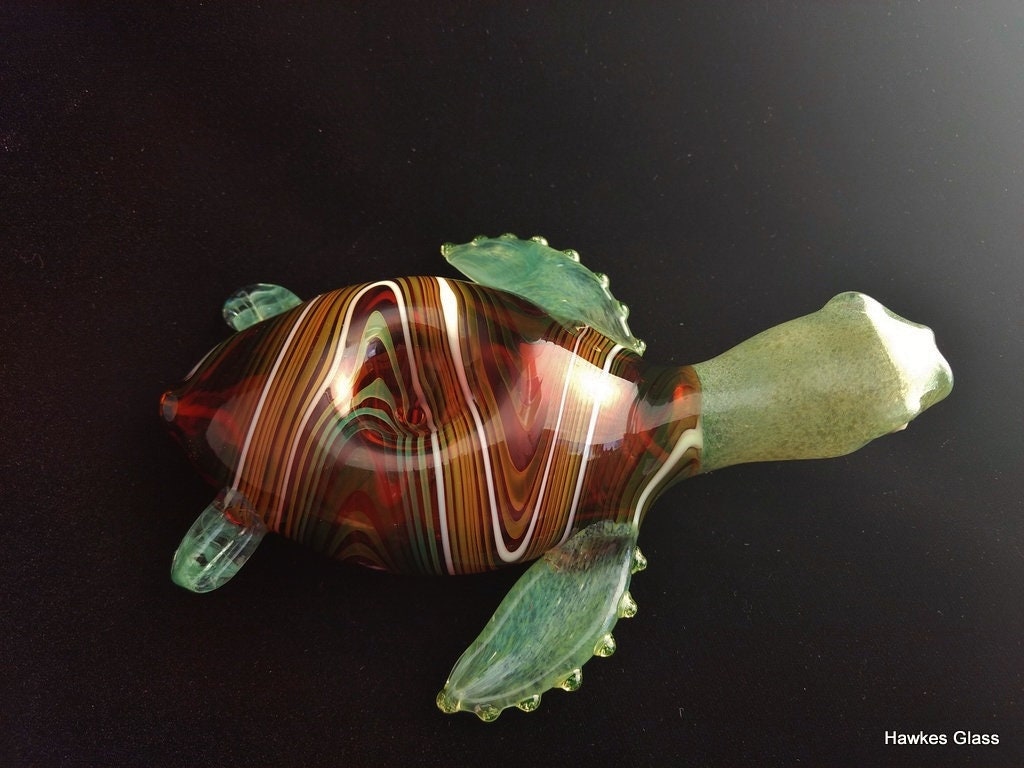 Glass Sea Turtle Pipe | Fumed Amber | UV Glow | Unique Glass Art