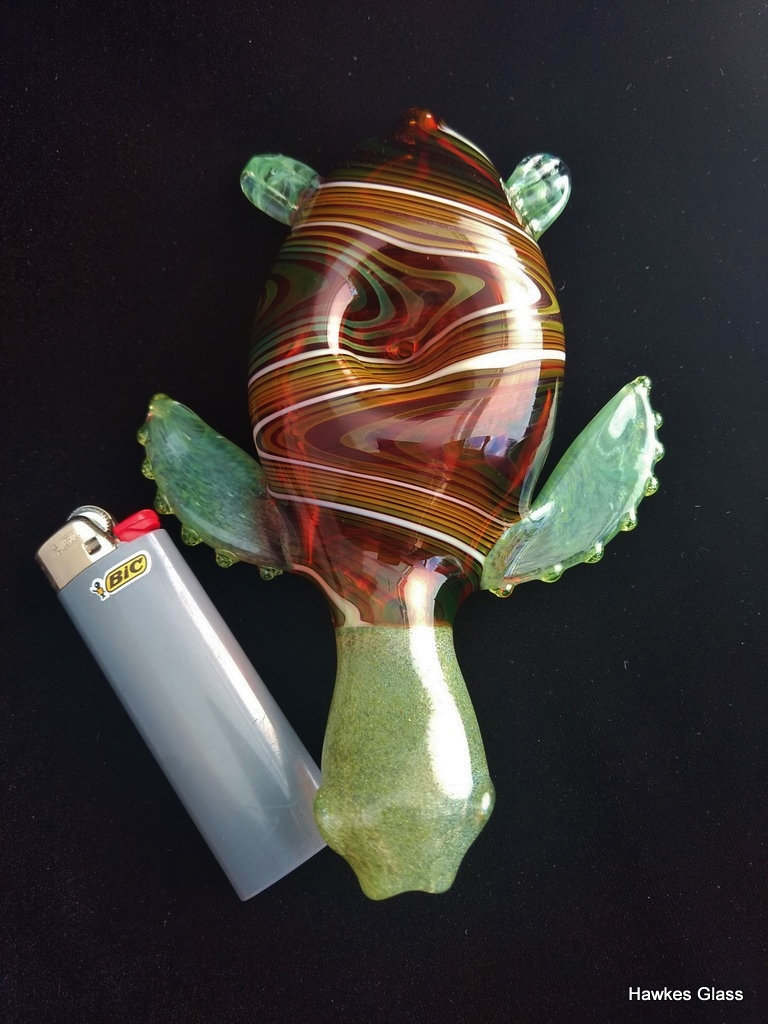 Glass Sea Turtle Pipe | Fumed Amber | UV Glow | Unique Glass Art