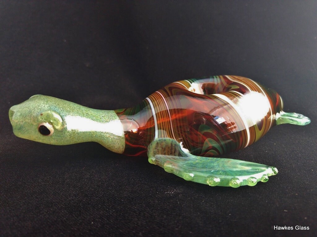 Glass Sea Turtle Pipe | Fumed Amber | UV Glow | Unique Glass Art