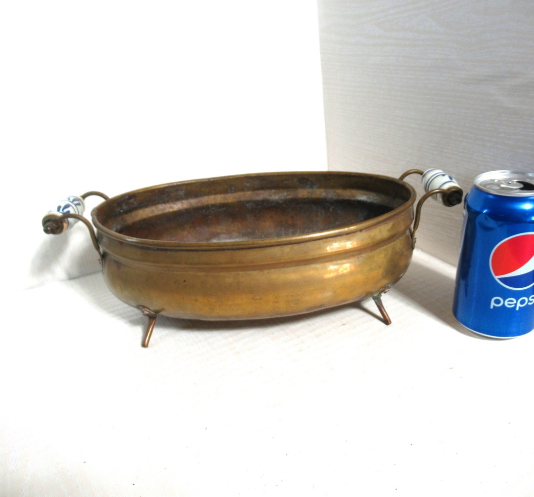 Vintage Oval Brass Bowl Planter Ceramic Delft Handles - Etsy