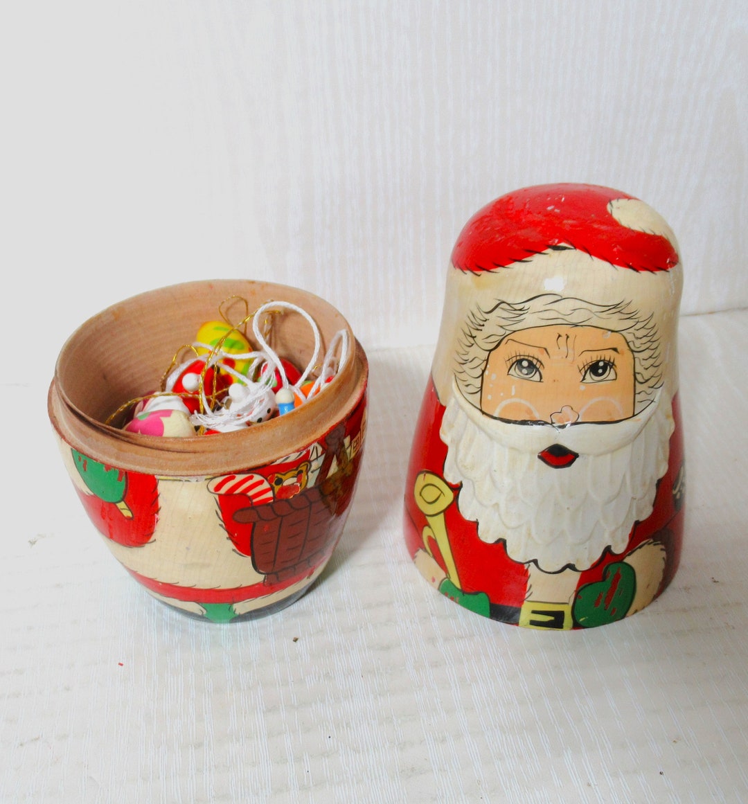 Santa Nesting Doll With Ornaments Wooden Small Xmas Tree Decor ...